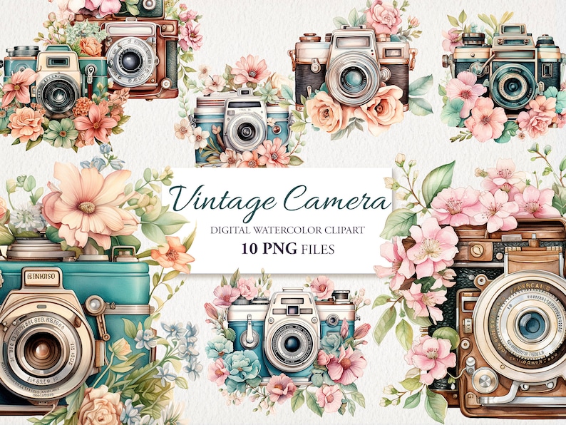 Vintage Camera Watercolor Clipart PNG Bundle. Floral Retro Cameras ...