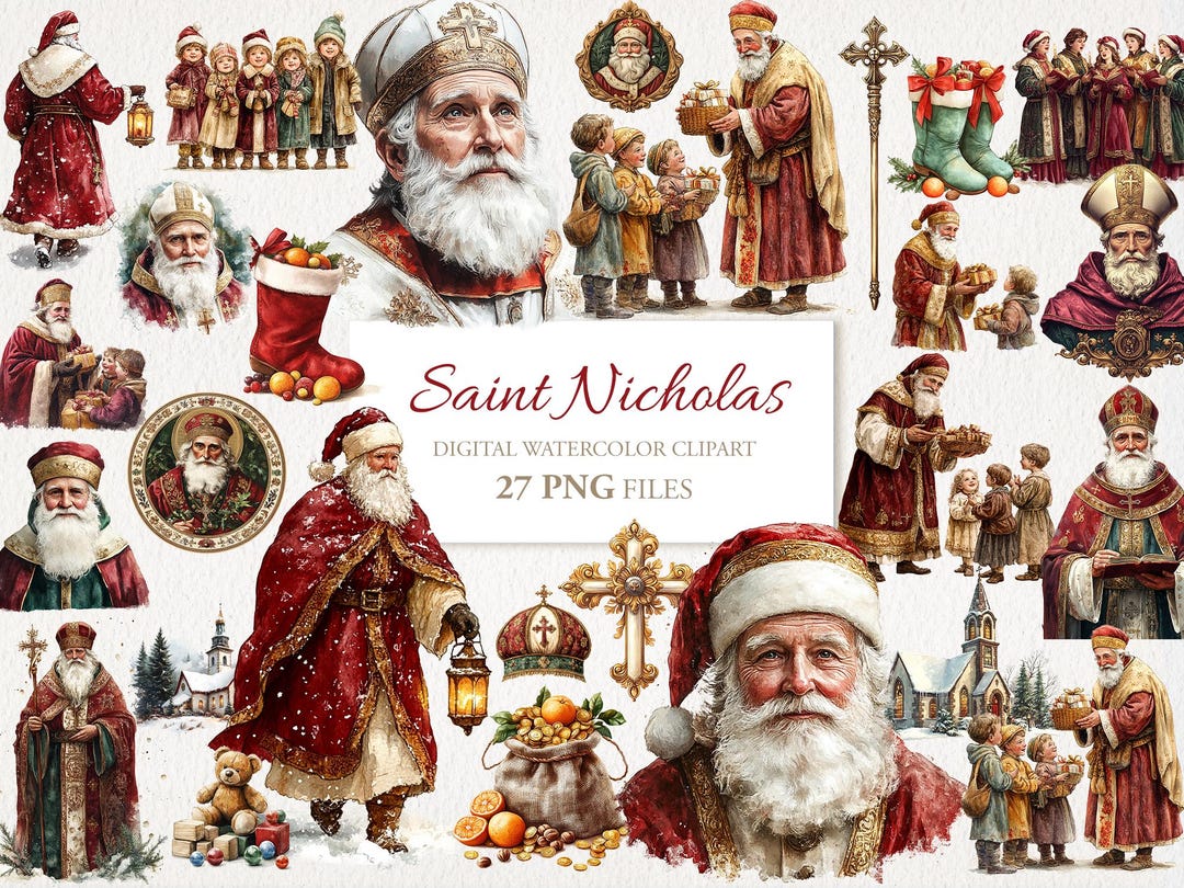 Saint Nicholas Christmas Clipart PNG Bundle. AI Illustration ...