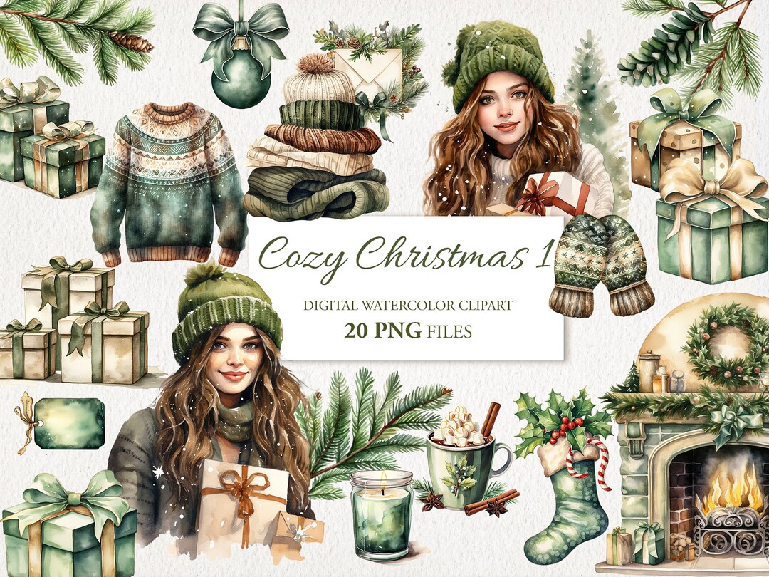 Cozy Green Christmas Winter Watercolor Clipart PNG Bundle. AI ...