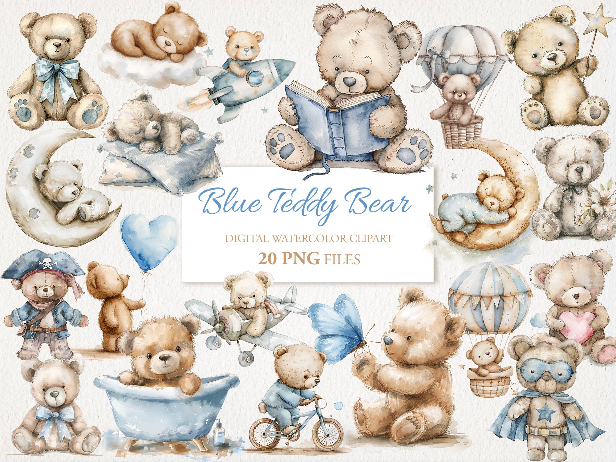 Blue Teddy Bear Watercolor Clipart PNG Bundle. Children Nursery Art. AI ...