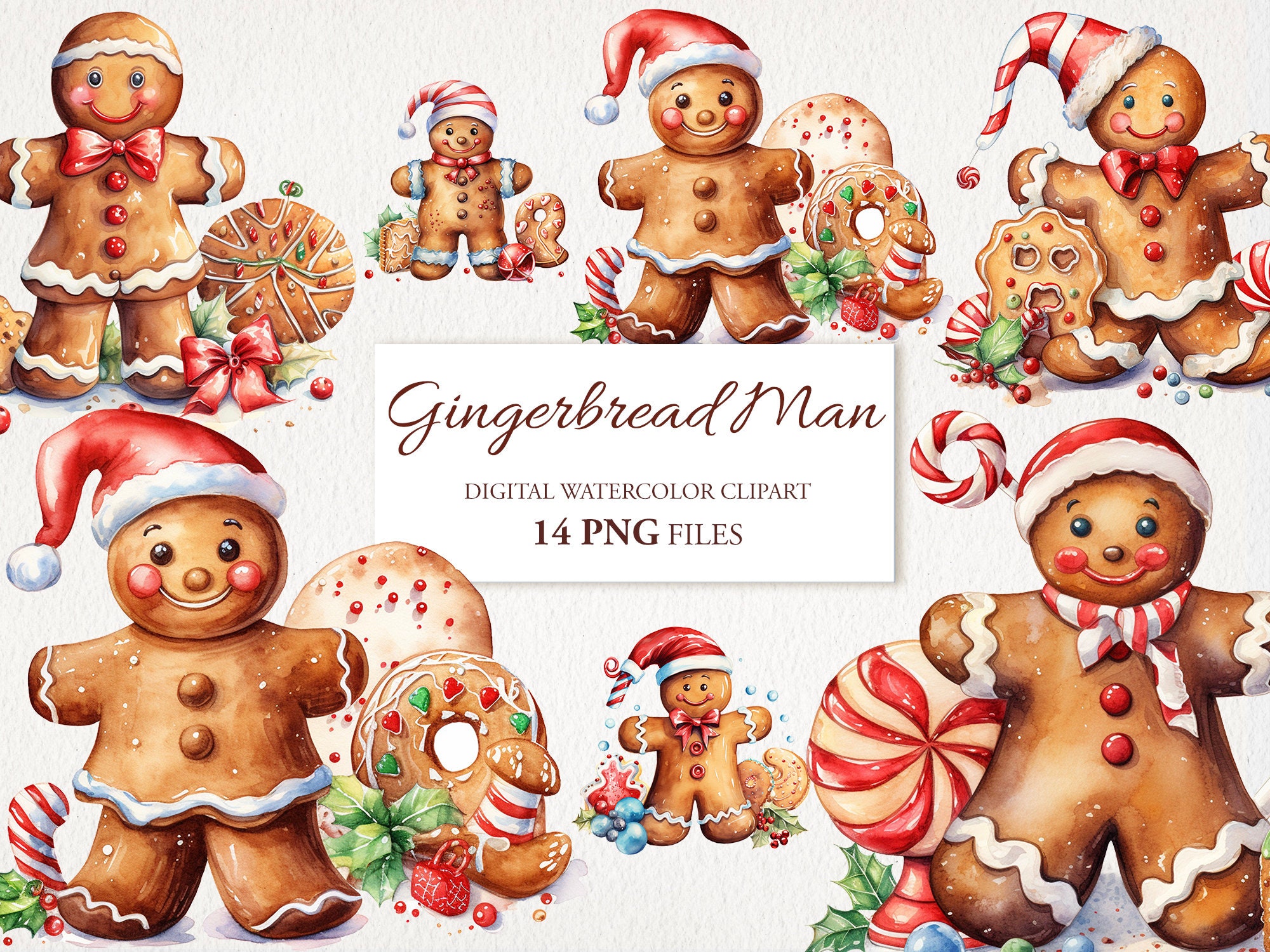 Gingerbread Man Christmas Winter Watercolor Clipart PNG - Etsy