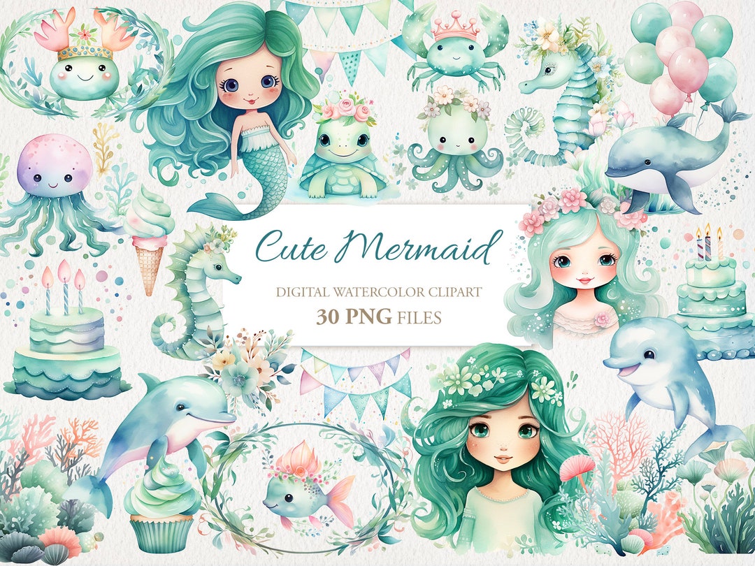 Cute Mermaid Watercolor Clipart PNG Bundle. Children Nursery Art. AI ...