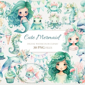 Cute Mermaid Watercolor Clipart PNG Bundle. Children Nursery Art. AI ...
