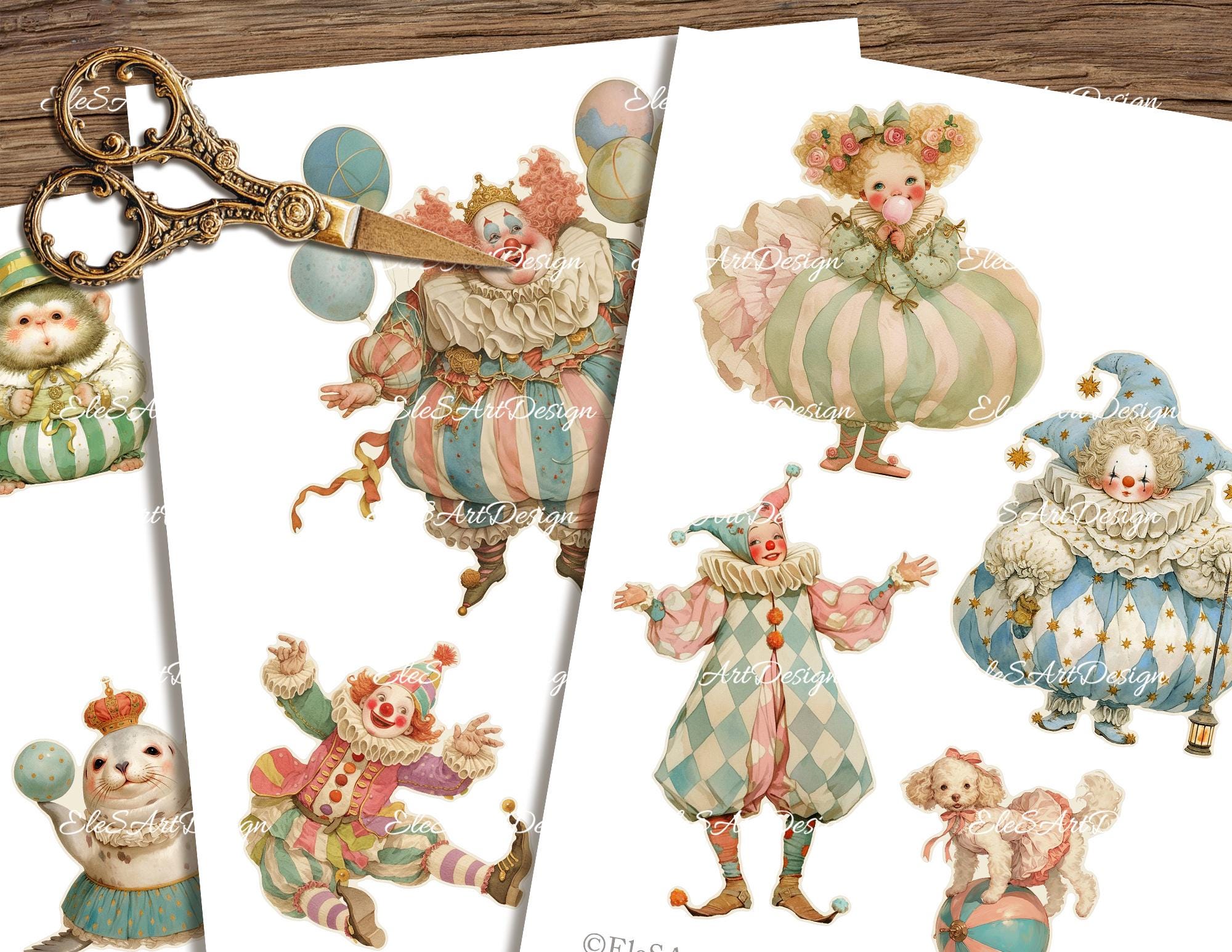 Whimsical Circus Clowns Animals Paper Dolls, Fussy Cuts, Junk Journal ...