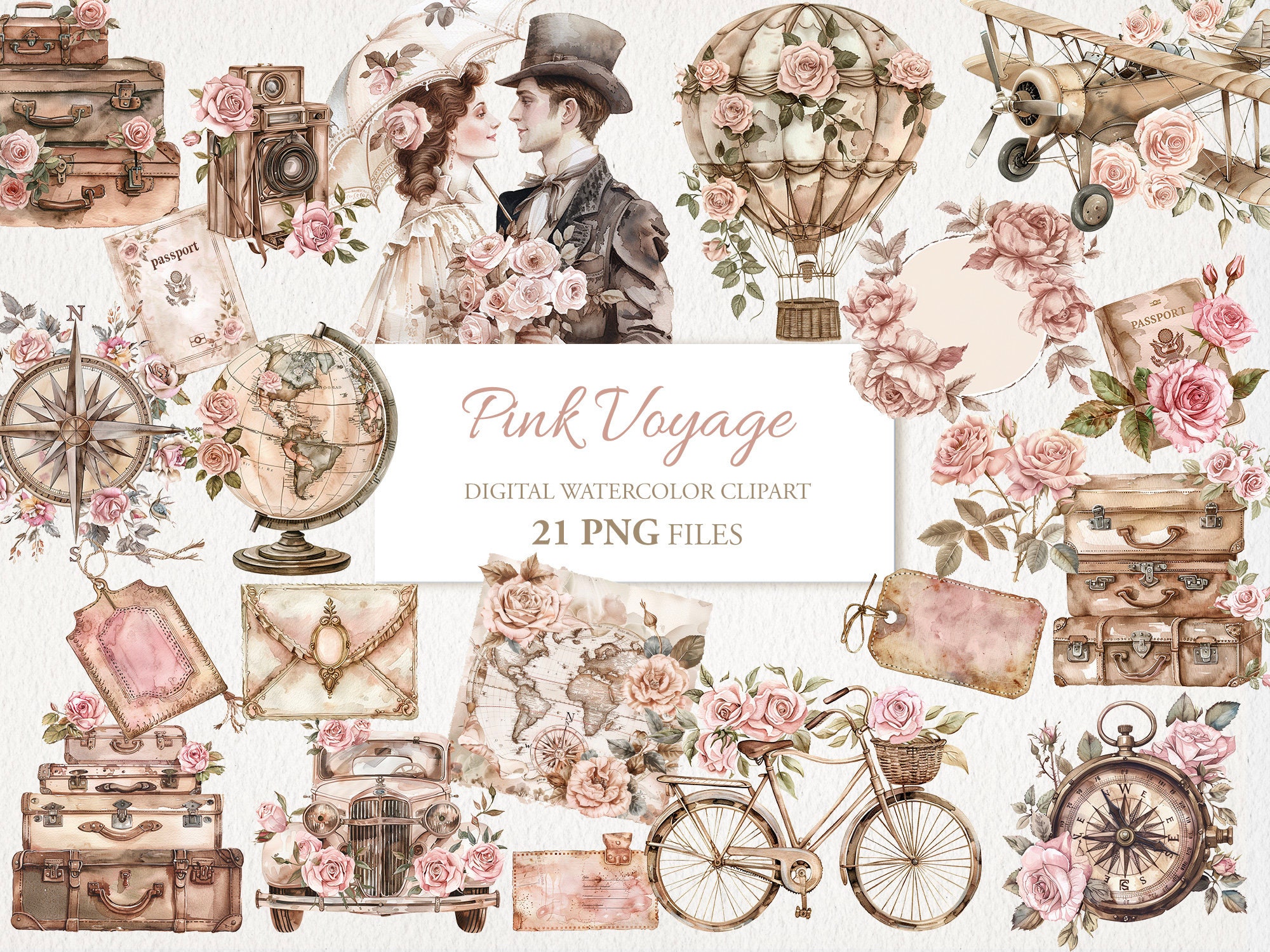 Pink Voyage Watercolor Clipart PNG Bundle. Floral Retro Journey Trip ...