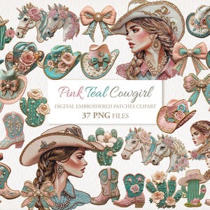 Pink Teal Cowgirl Embroidered Patch Clipart Bundle. Coquette Boots Hat ...