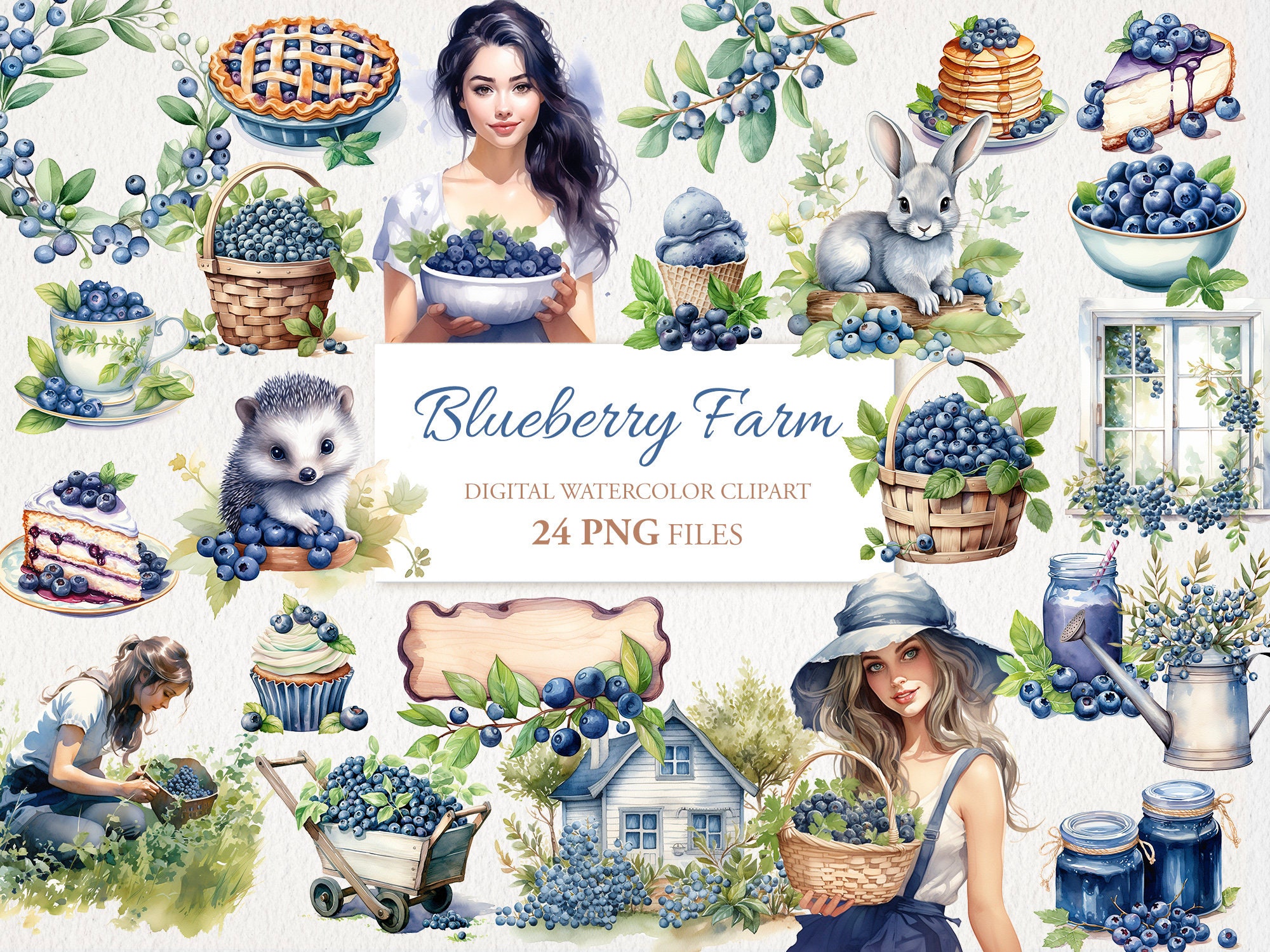 Blueberry Berry Farm Summer Watercolor Clipart PNG Bundle. AI ...