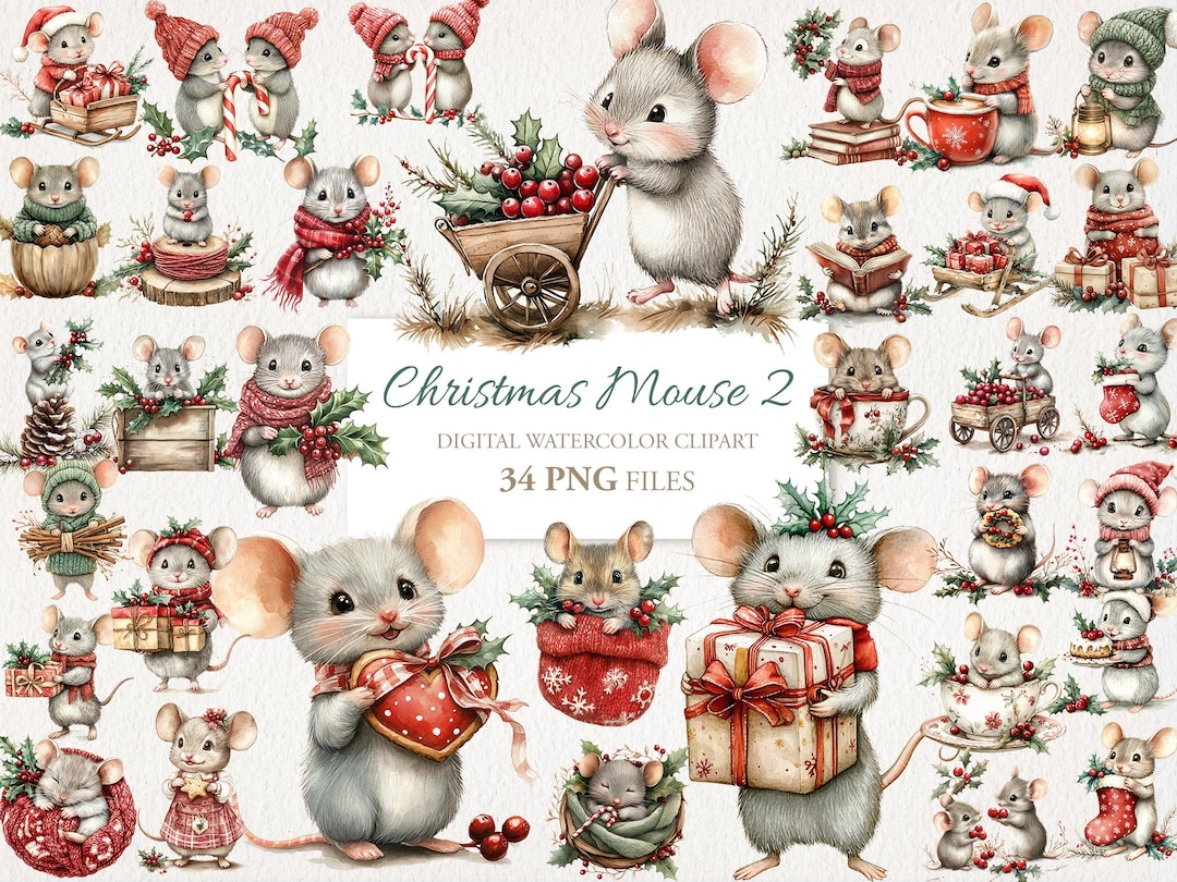 Christmas Mouse. Rustic Winter Watercolor Clipart Bundle. Digital ...