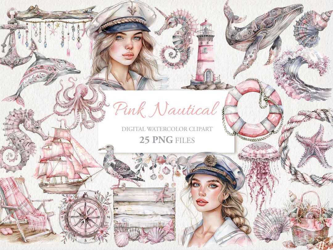 Pink Nautical Watercolor Clipart PNG Bundle. Ocean Sea Captain. AI ...