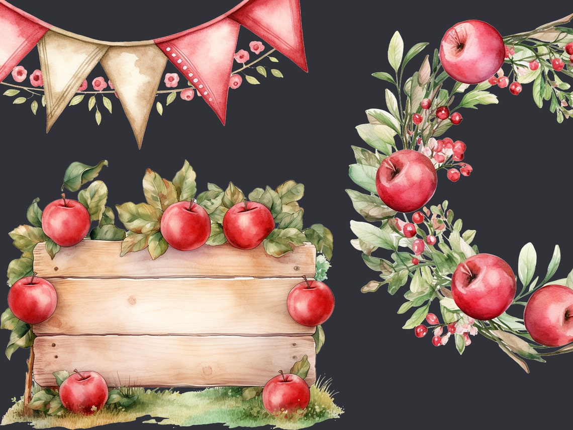 Apple Farm Summer Watercolor Clipart PNG Bundle. AI Illustration ...