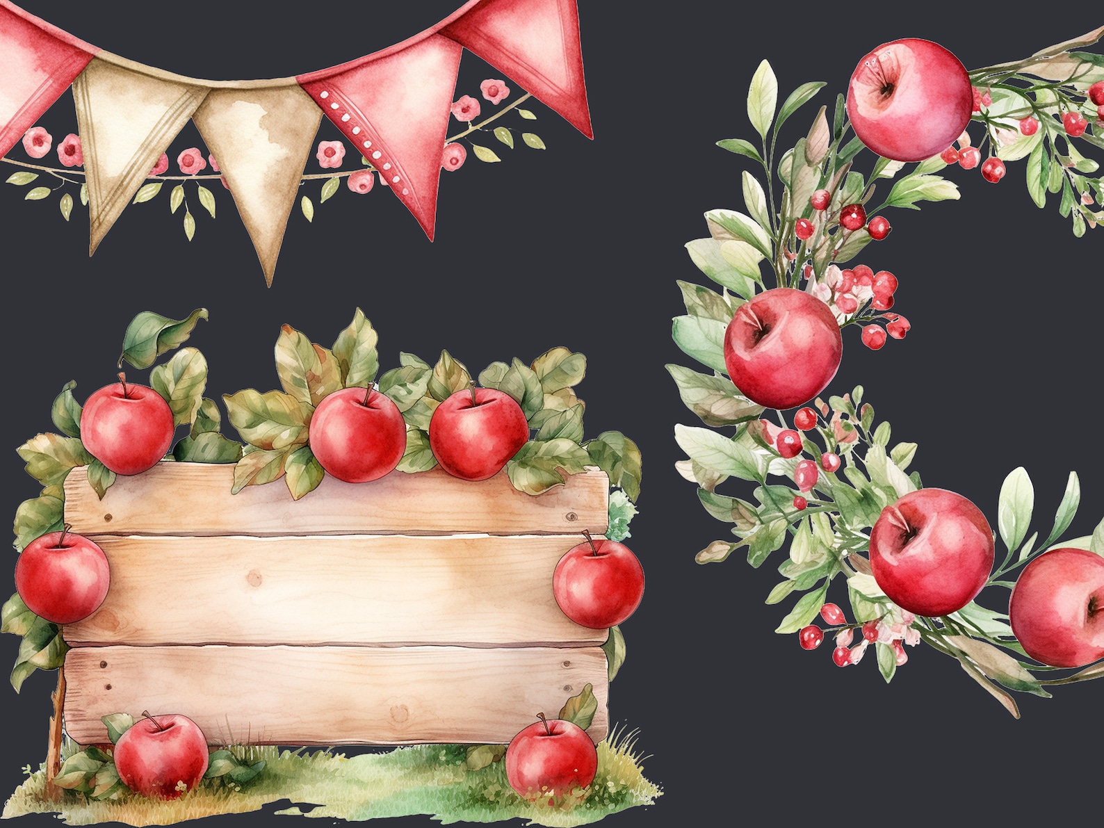 Apple Farm Summer Watercolor Clipart PNG Bundle. AI Illustration ...
