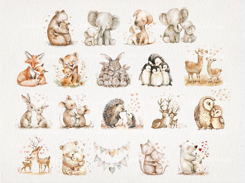 Mother and Baby Animals Watercolor Clipart PNG Bundle. Child Nursery ...