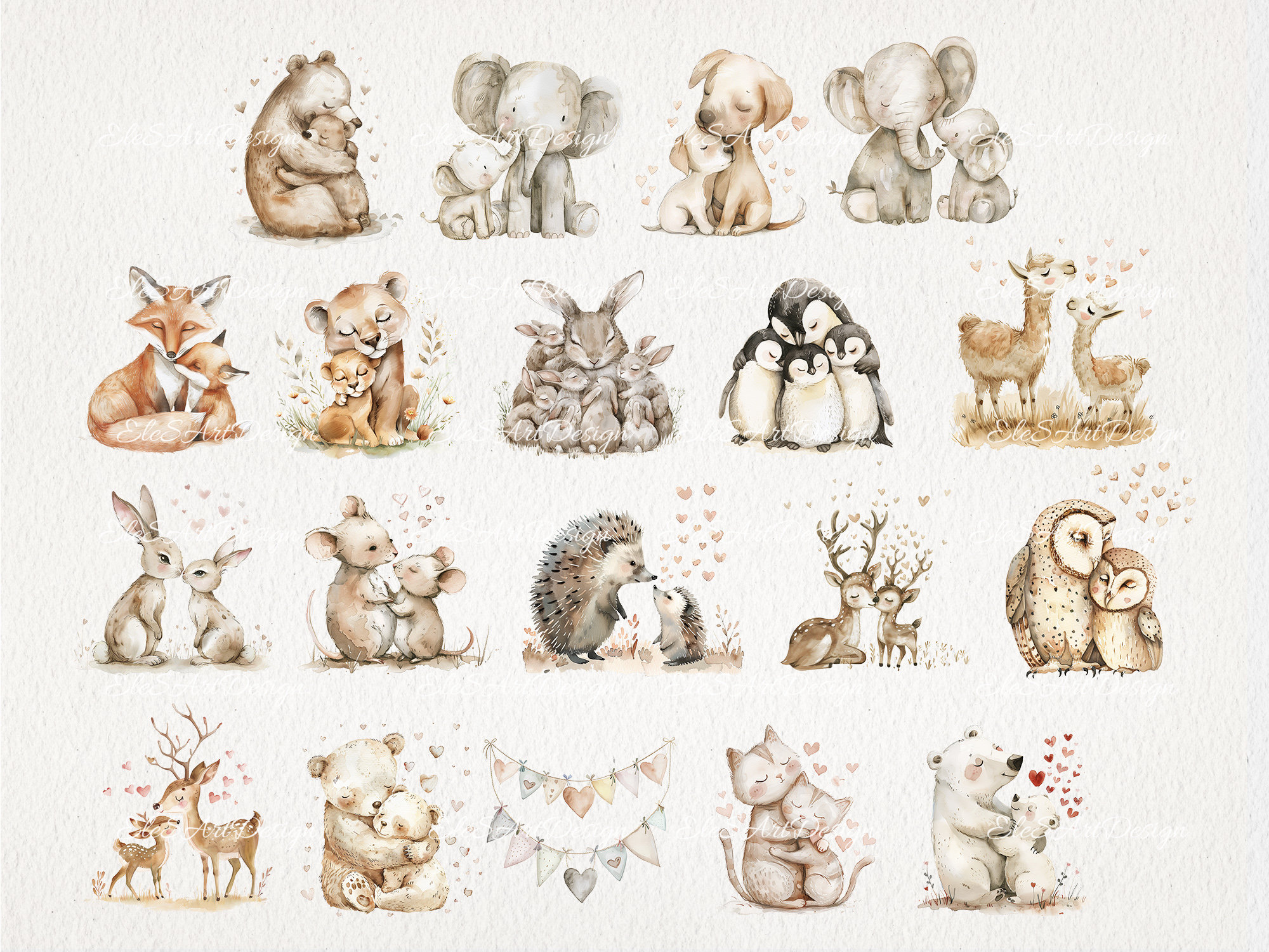 Mother and Baby Animals Watercolor Clipart PNG Bundle. Child Nursery ...