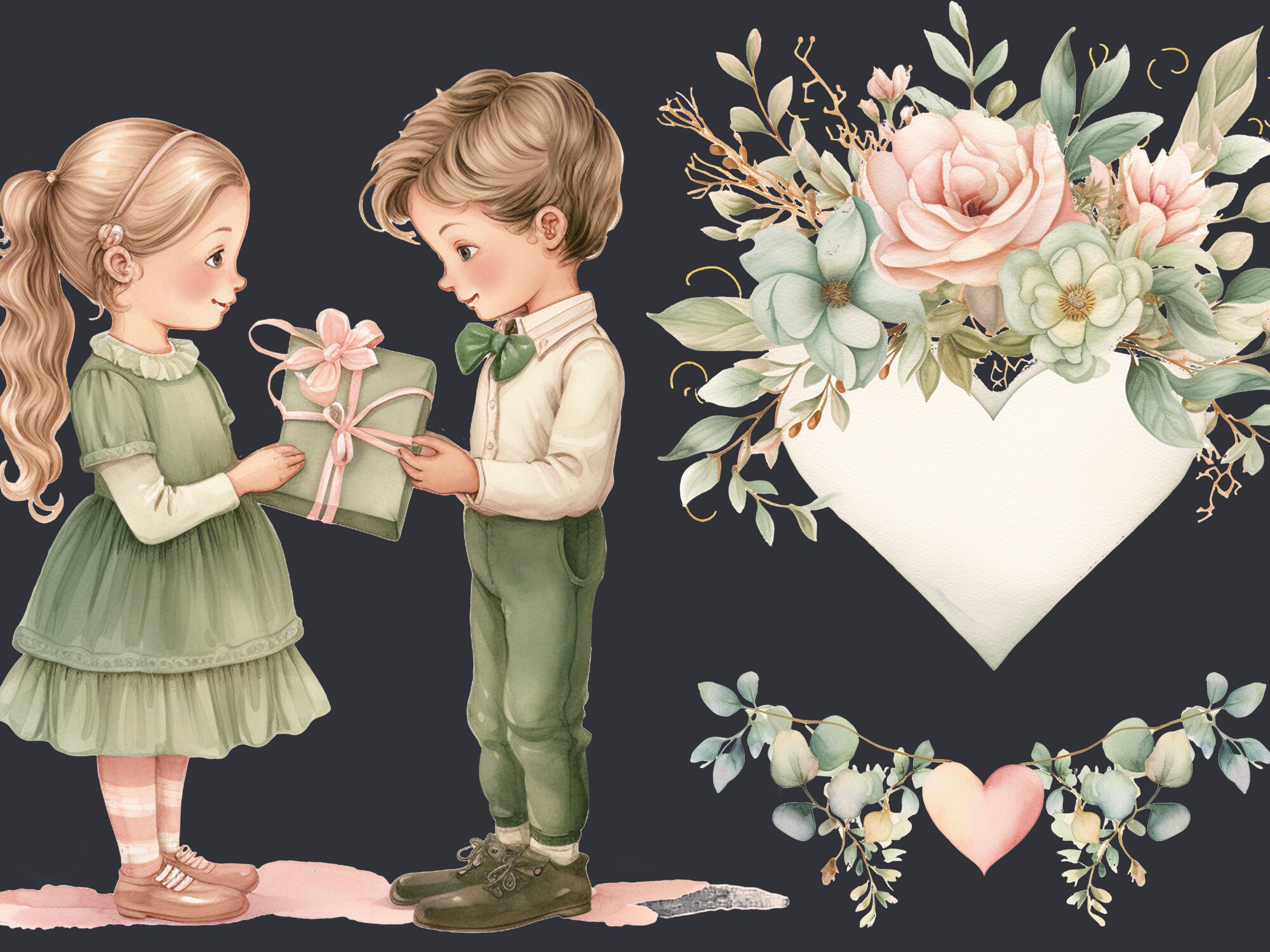 Boho Cute Valentine Watercolor Clipart PNG Bundle. Love Valentine's Day ...