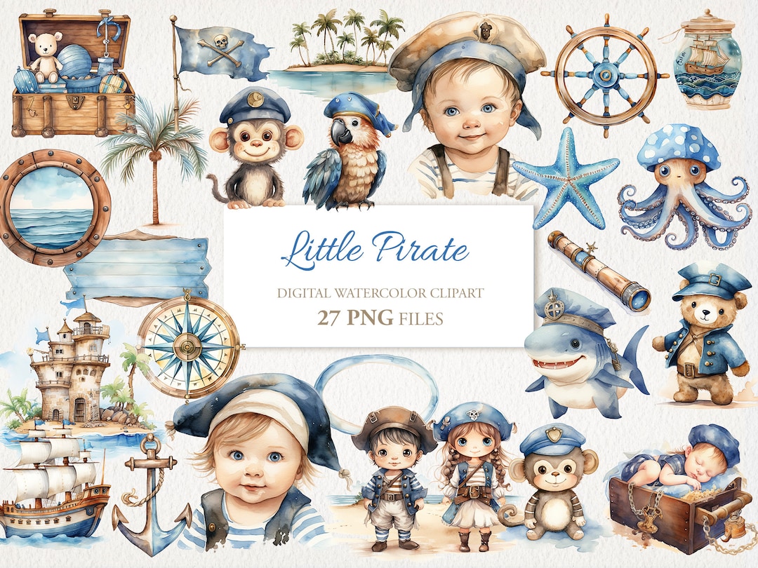 Little Pirate Newborn Baby Watercolor Clipart PNG Bundle. Children ...