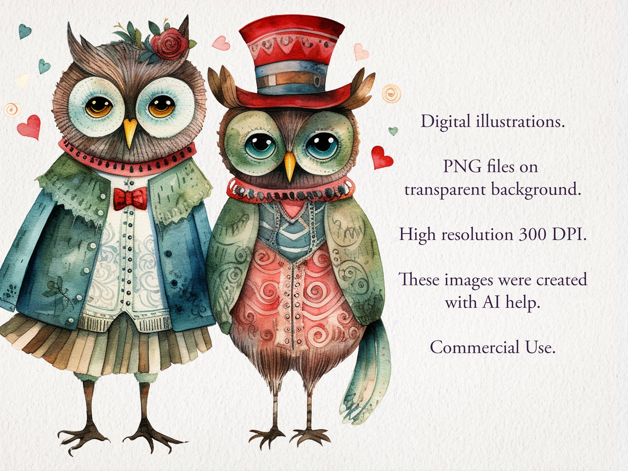 Owls in Love Cartoon Watercolor Clipart PNG Bundle. Birds. AI ...