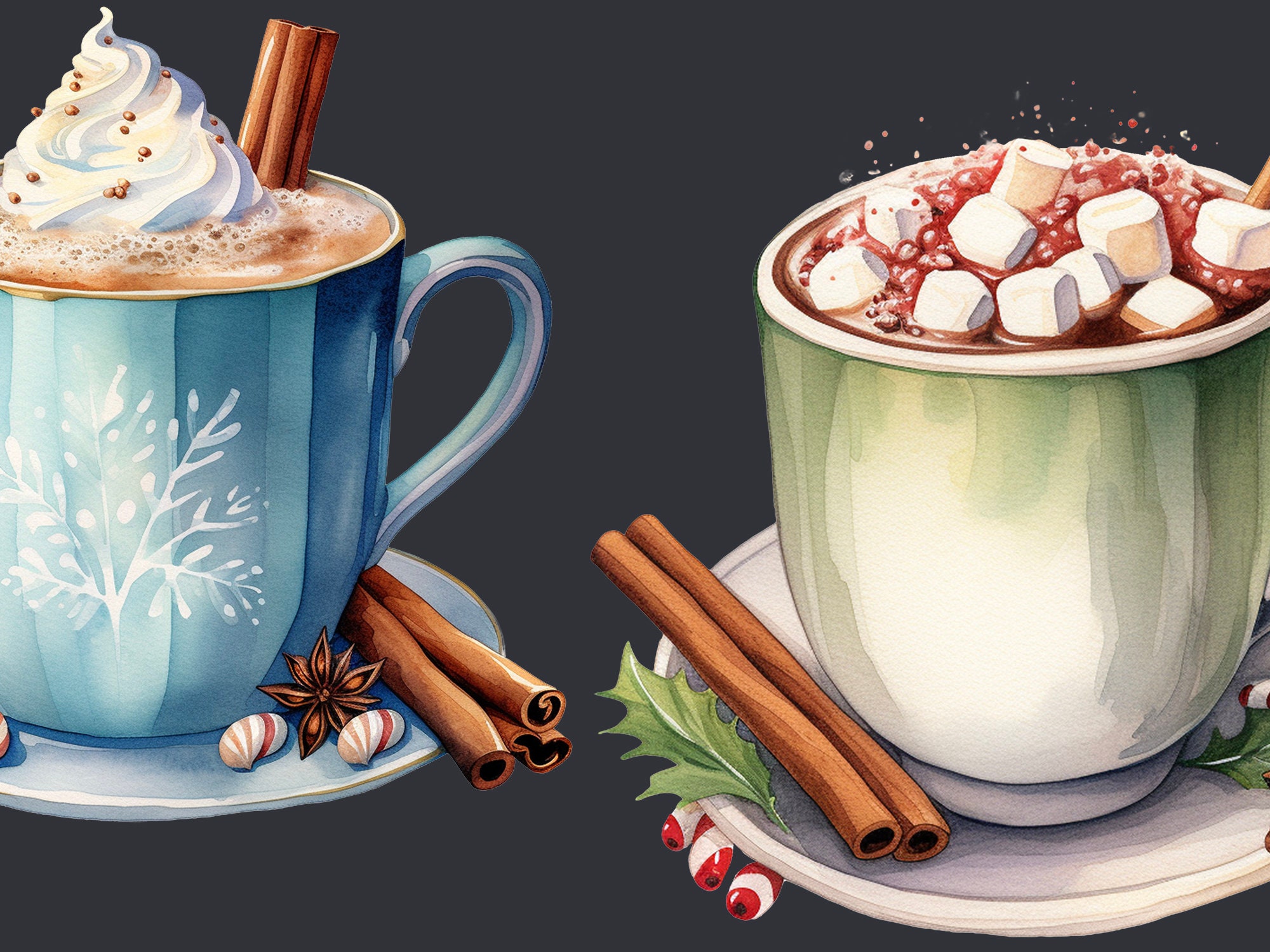 Hot Chocolate Christmas Winter Watercolor Clipart PNG Bundle. AI ...