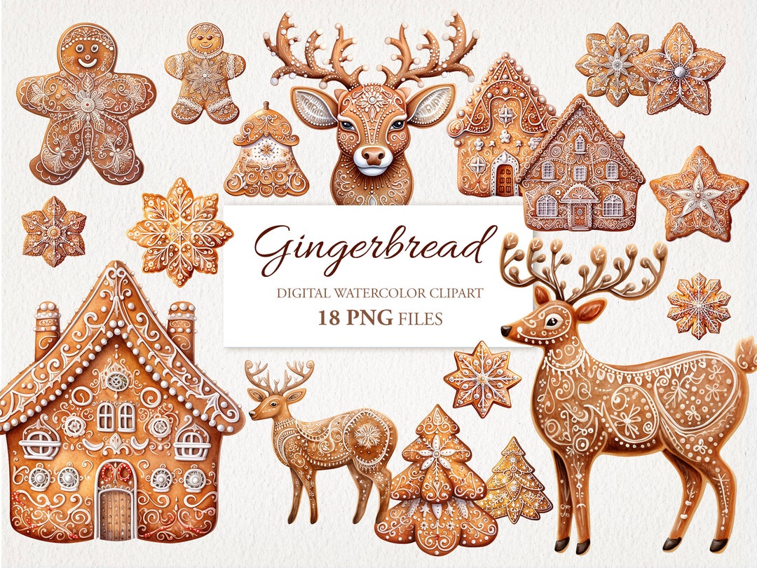Gingerbread Christmas Cookies Winter Watercolor Clipart PNG Bundle. AI ...