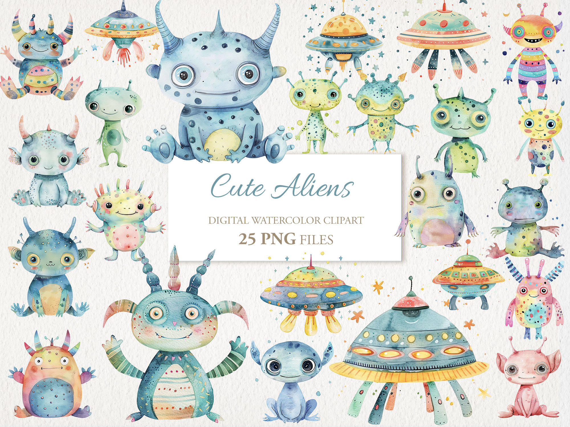 Cute Aliens Ufo Character. Watercolor Clipart PNG Bundle Children ...