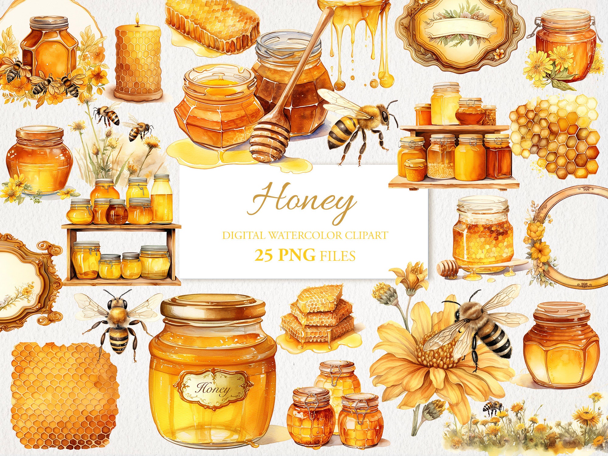 Honey Bee Watercolor Clipart PNG Bundle. AI Illustration. Instant ...