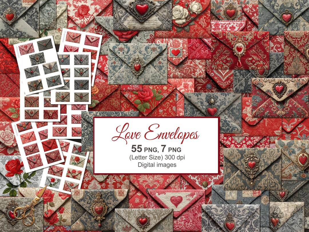 Valentine Love Envelopes Clipart for Junk Journal. Digital Download. 55 ...