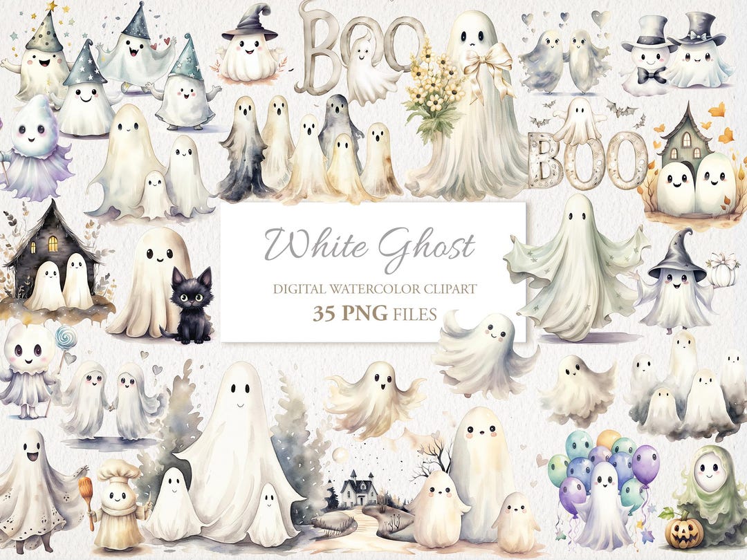White Ghost Halloween Watercolor Clipart PNG Bundle. AI Illustration ...