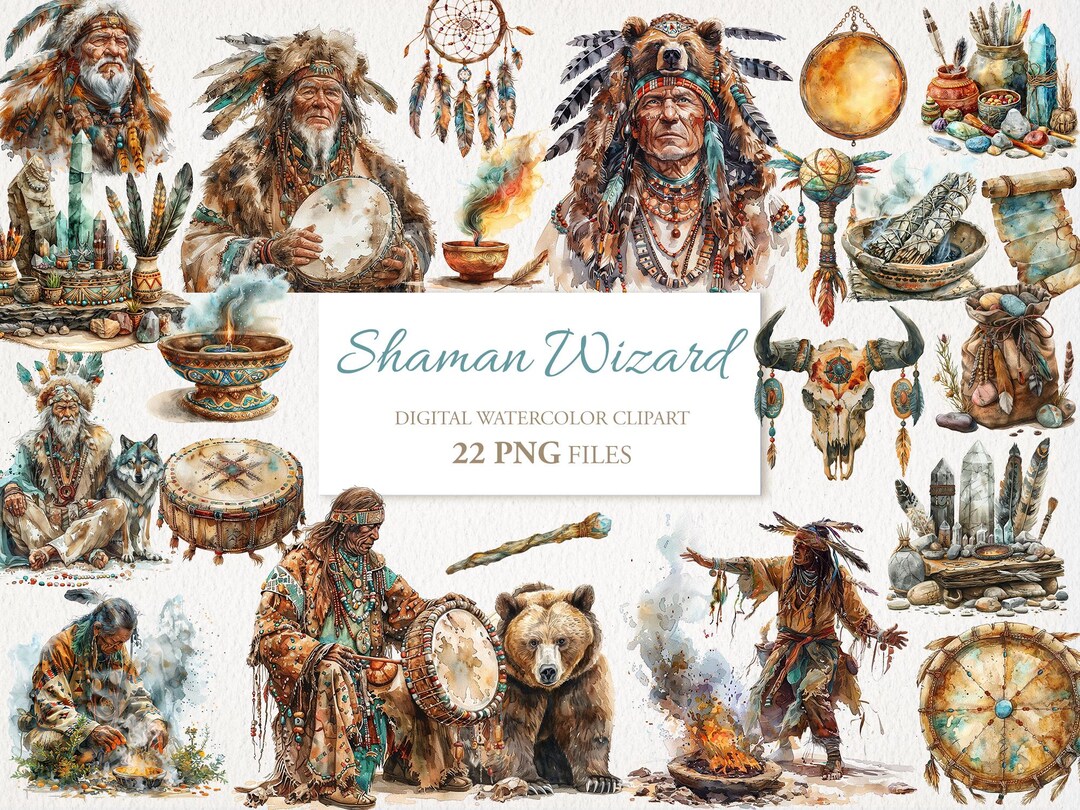 Shaman Wizard Watercolor Clipart PNG Bundle. Shamanic Magic. AI ...