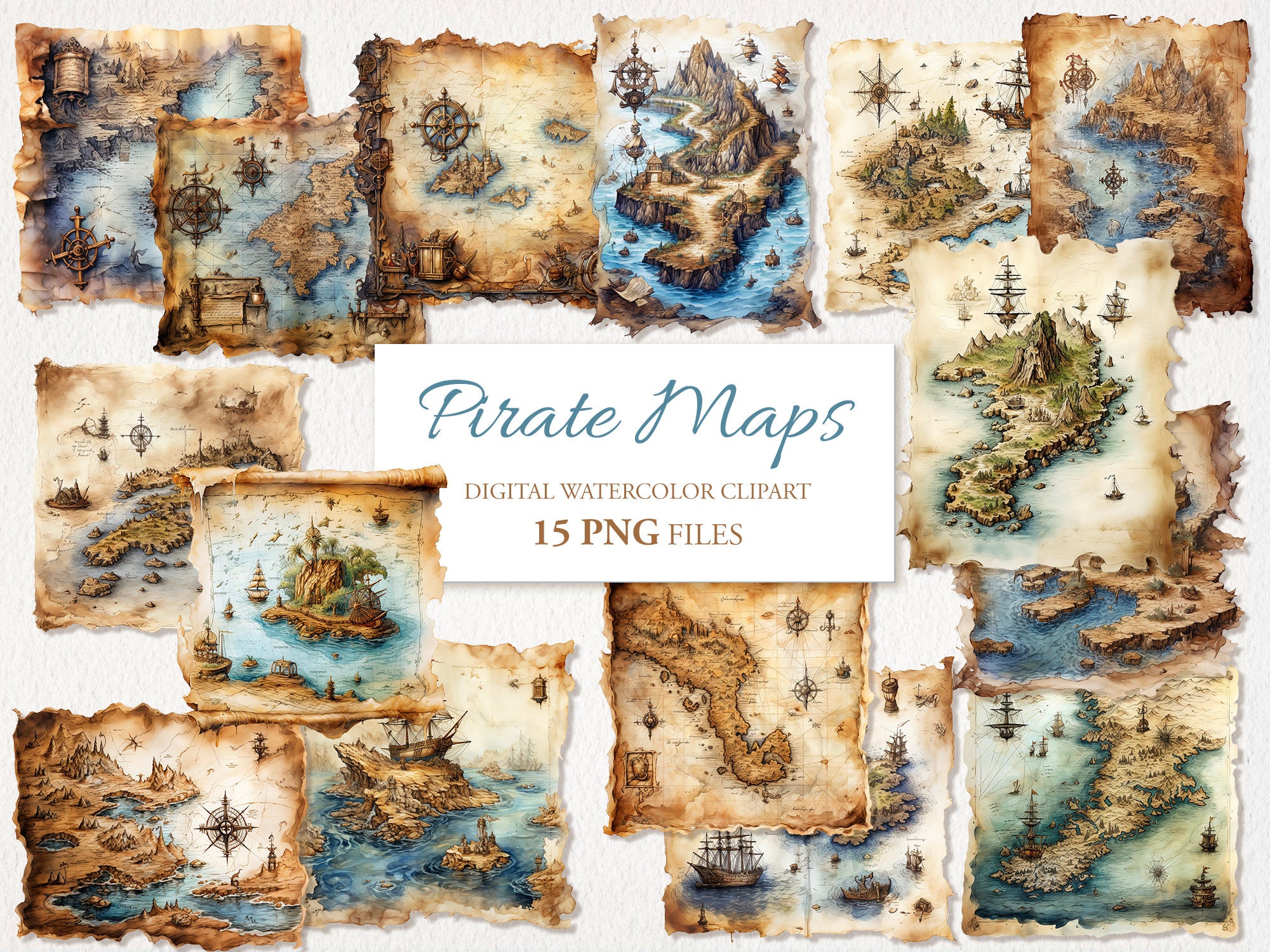 Pirate Maps Watercolor Nautical Clipart PNG Bundle. AI Illustration ...