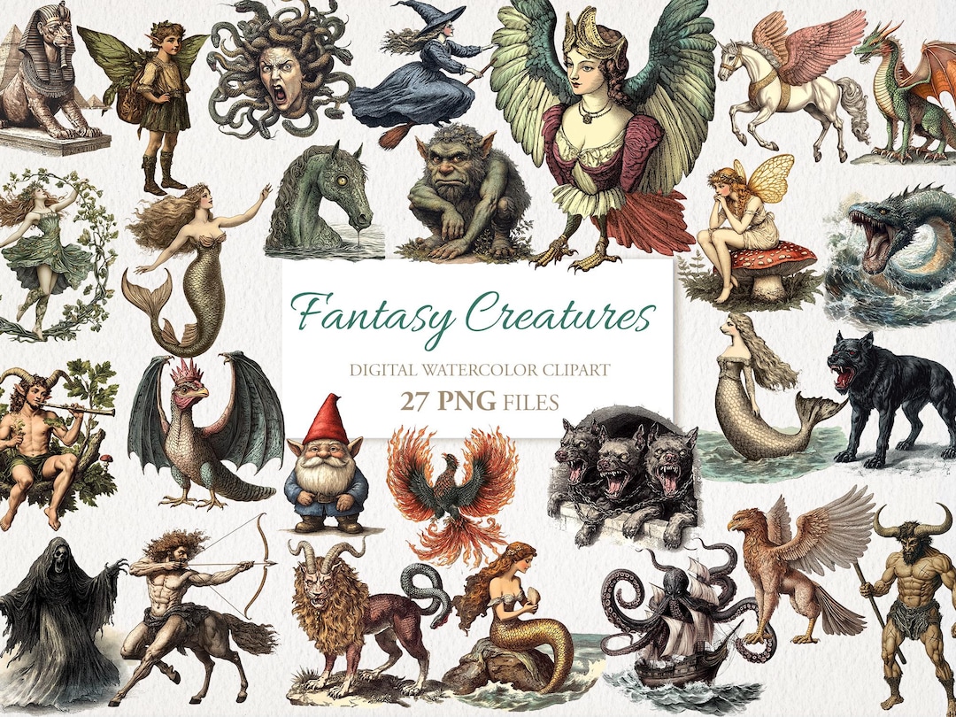 Fantasy Creatures Vintage Magic Clipart Bundle. AI Illustration ...