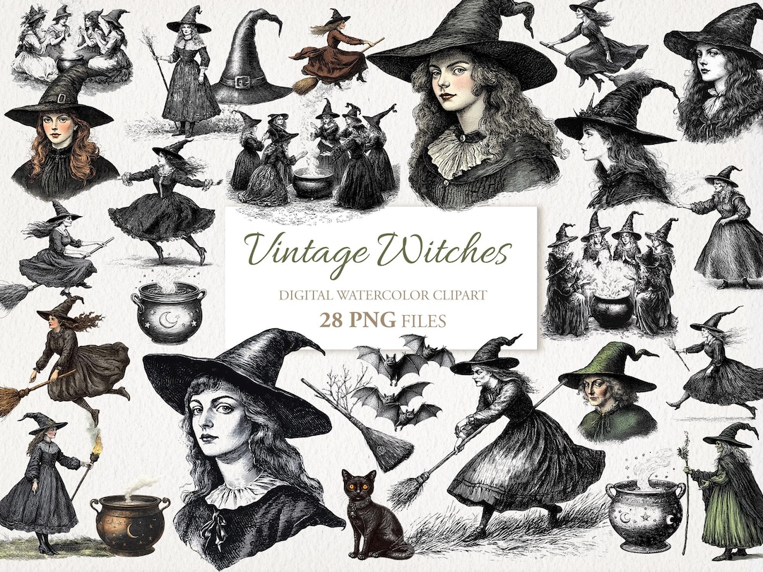 Vintage Witches Magic Line Art Clipart Bundle. Witch, Magic, Antique ...