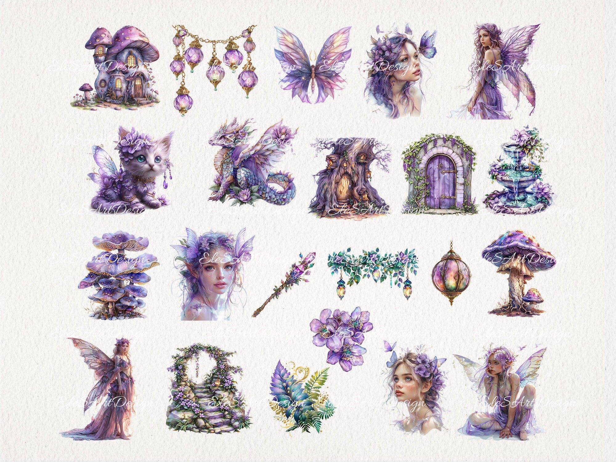 Lilac Purple Fairy Magic Watercolor Clipart PNG Bundle. AI Illustration ...