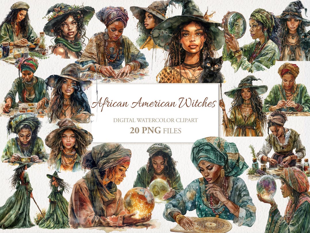African American Witches Watercolor Clipart PNG Bundle. AI Illustration ...