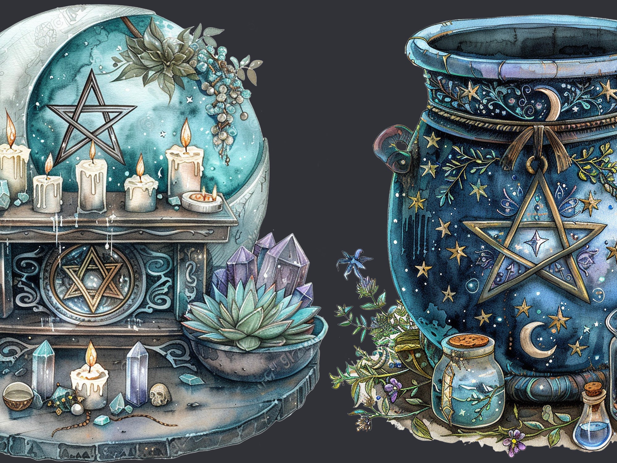 Lunar Witch Moon Witchcraft Watercolor Wiccan Clipart PNG Bundle. AI ...
