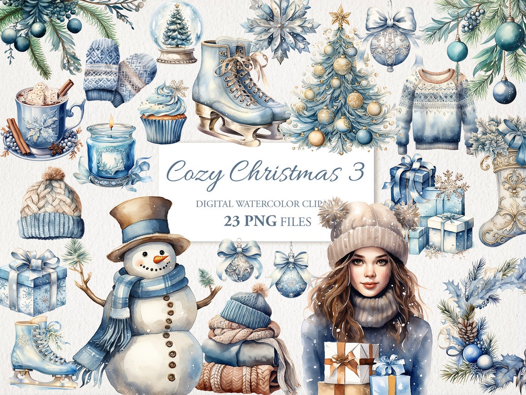 Cozy Blue Christmas Winter Watercolor Clipart PNG Bundle. AI ...