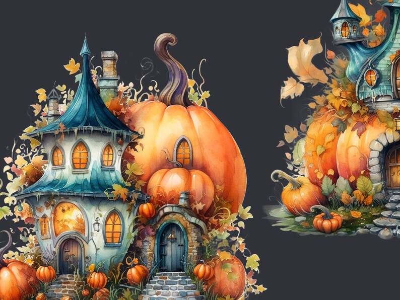 Halloween Magic Fairy Houses Watercolor Clipart PNG Bundle. - Etsy