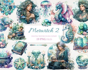 Merwitch Watercolor Clipart PNG Bundle. Mermaid Ocean Witch AI Illustration. Digital Download ...