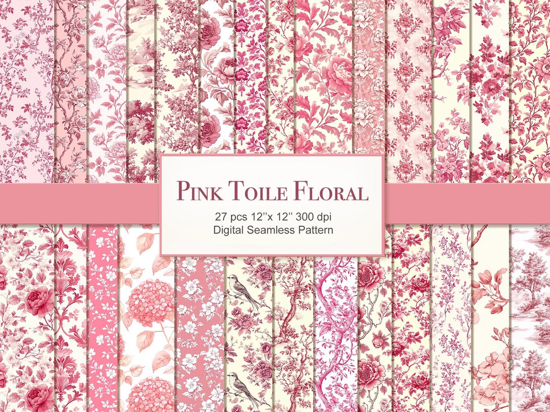 Pink Toile Seamless Pattern. Floral Digital Craft Paper Bundle ...