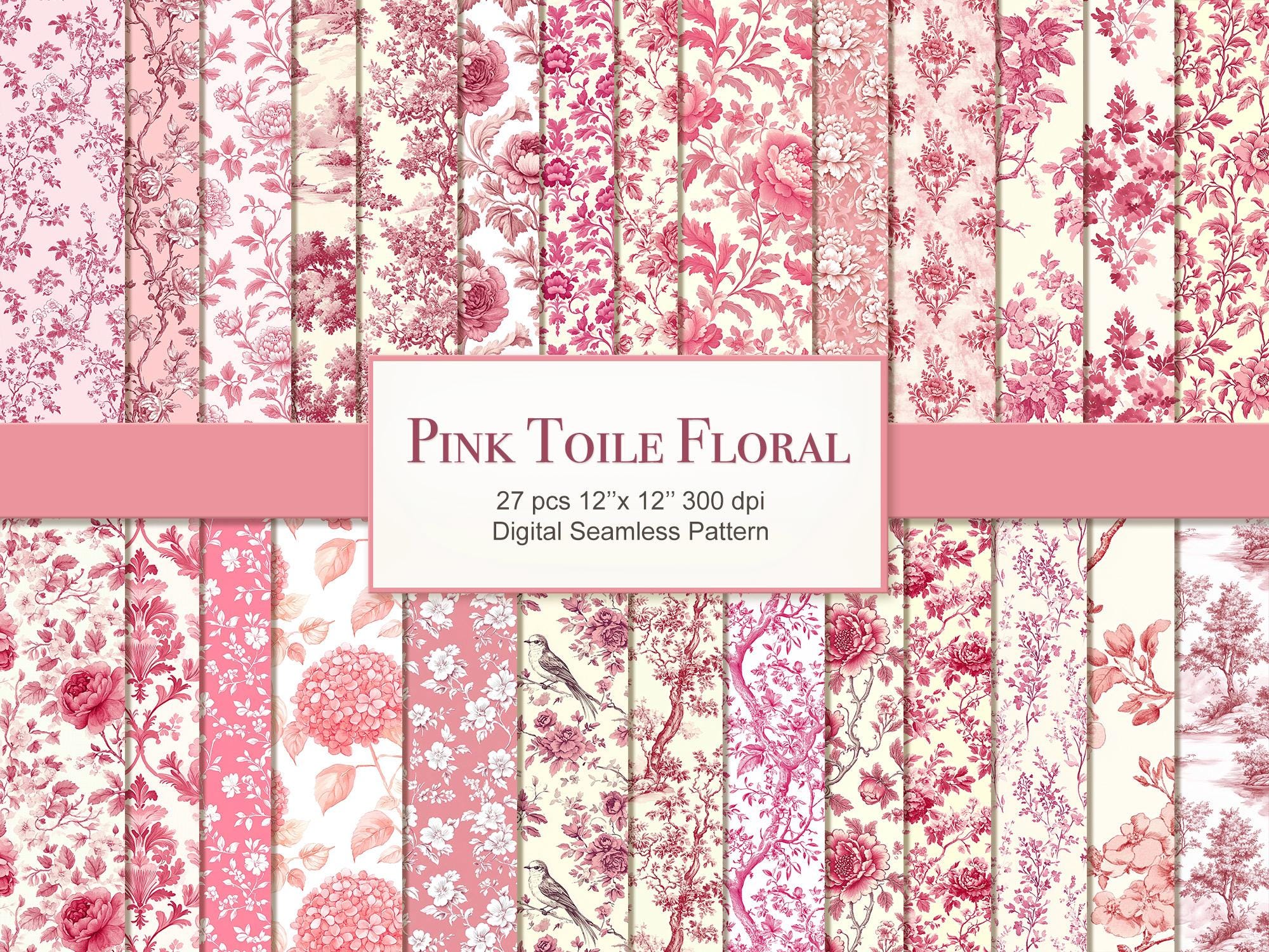 Pink Toile Seamless Pattern. Floral Digital Craft Paper Bundle ...