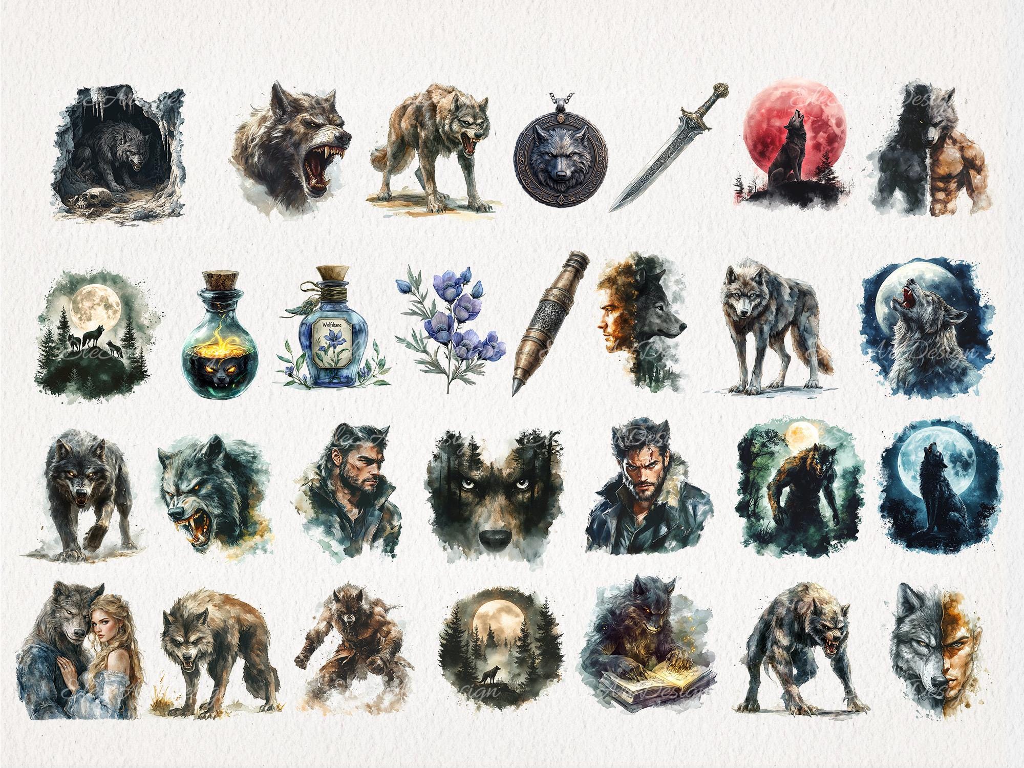 Werewolf Folklore Creature Watercolor Magic Fantasy Clipart PNG Bundle ...
