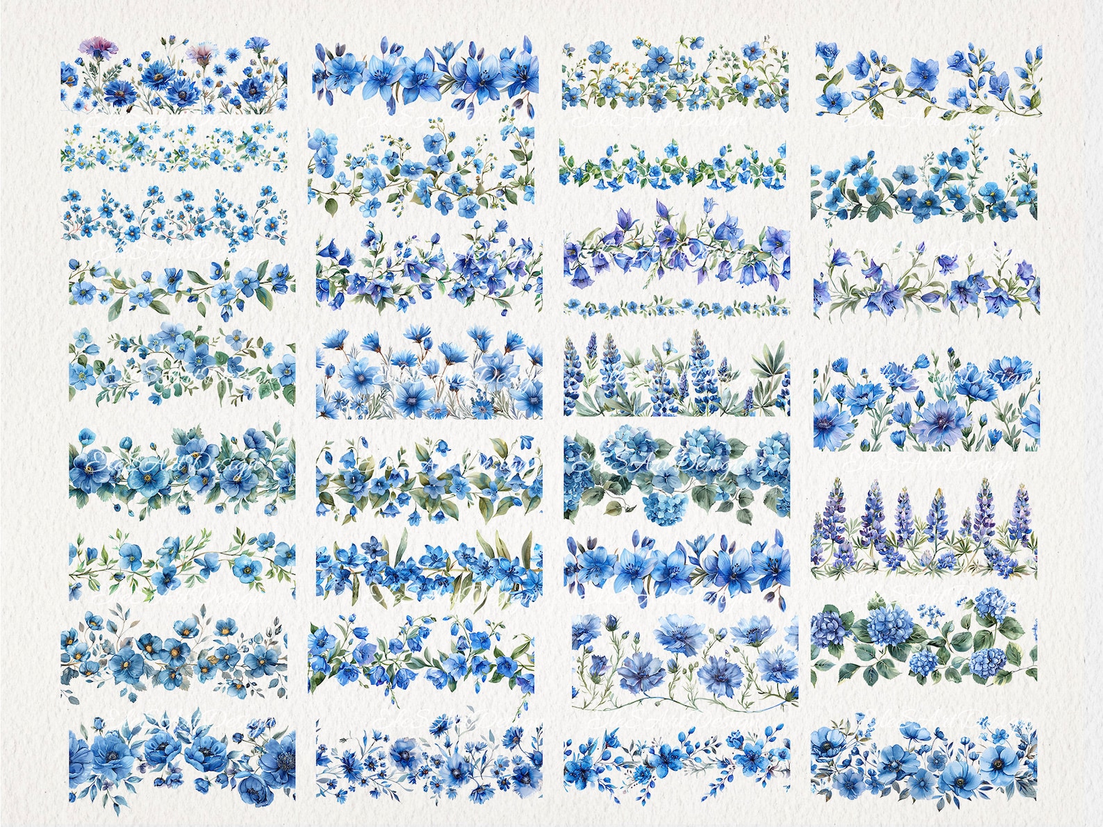Blue Flowers Floral Seamless Border Watercolor Clipart 33 PNG Bundle ...