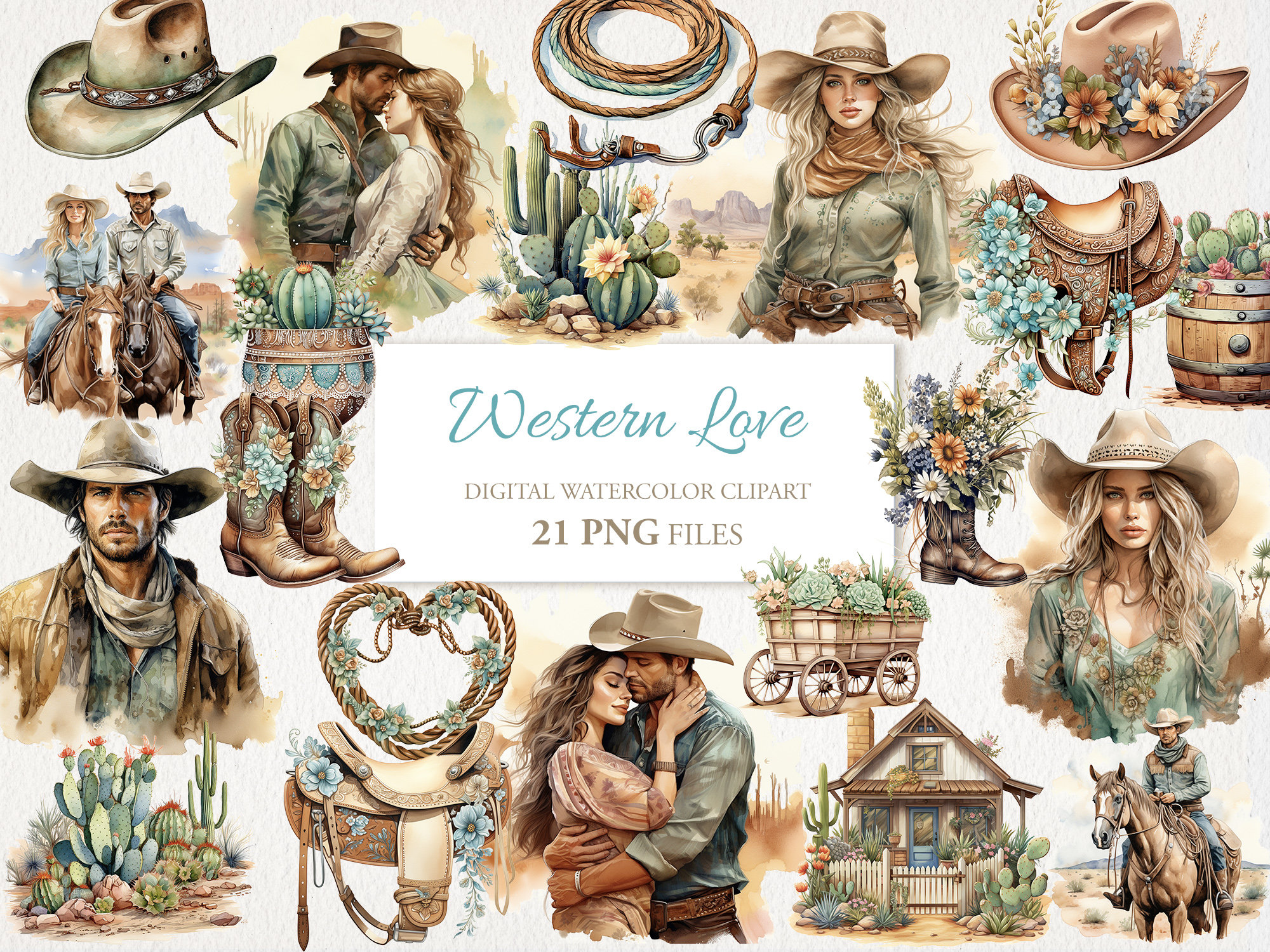 Western Love Watercolor Clipart PNG Bundle. AI Illustration. Digital ...