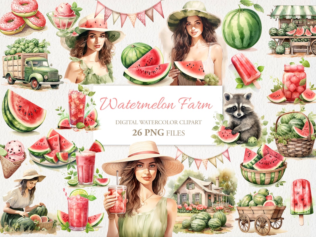 Watermelon Farm Summer Watercolor Clipart PNG Bundle. AI Illustration ...