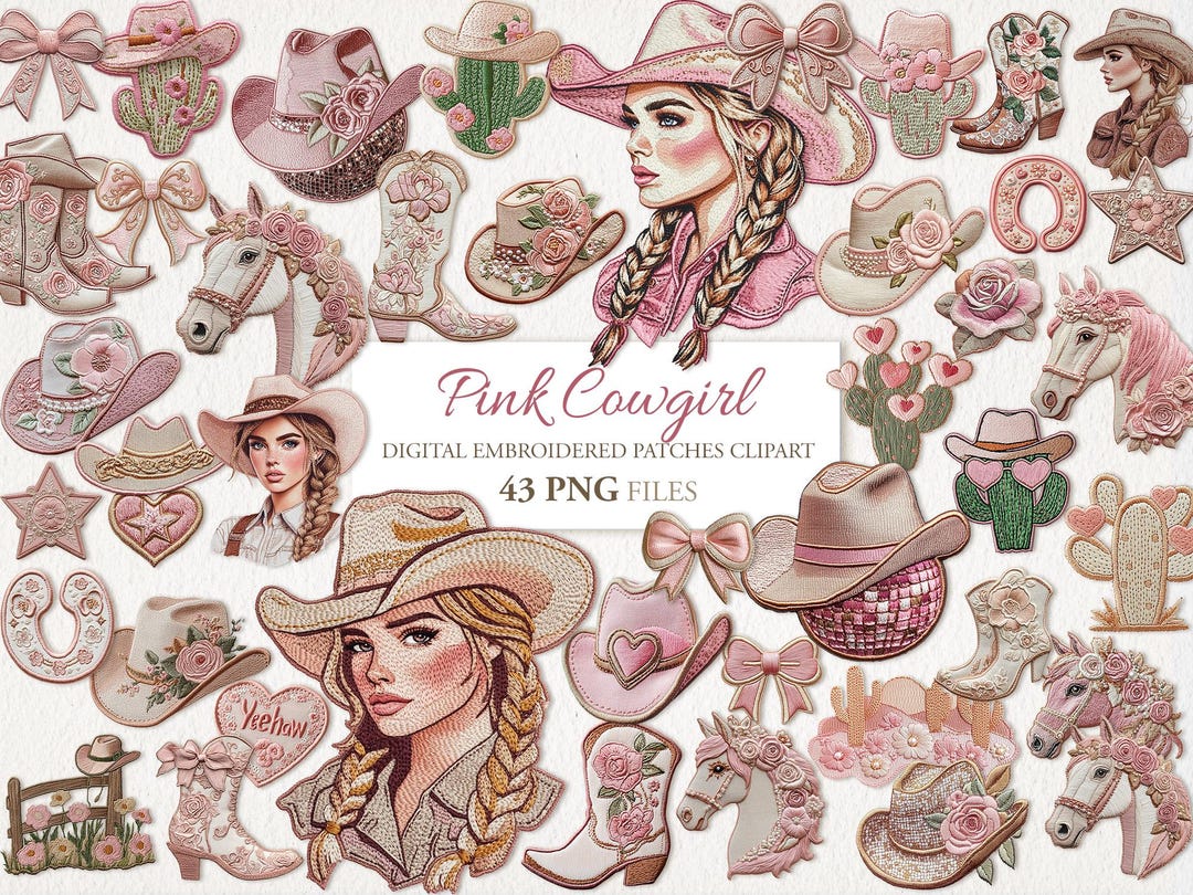 Pink Cowgirl Embroidered Patch Clipart Bundle. Coquette Boots Hat ...