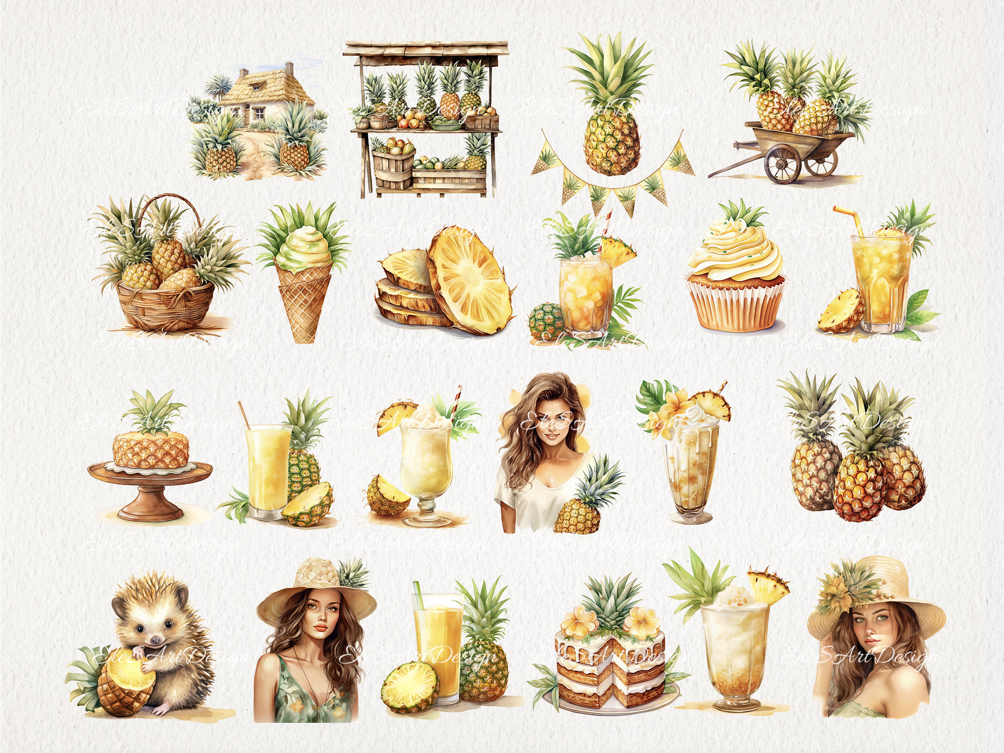 Pineapple Farm Summer Watercolor Clipart PNG Bundle. AI Illustration ...