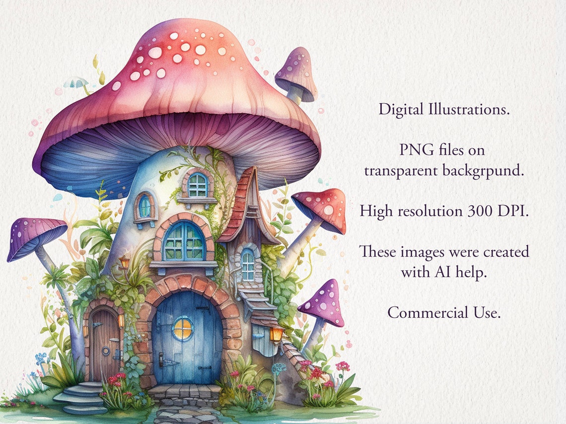 Toadstool Fairy Houses Watercolor Clipart PNG Bundle. Mushroom House ...