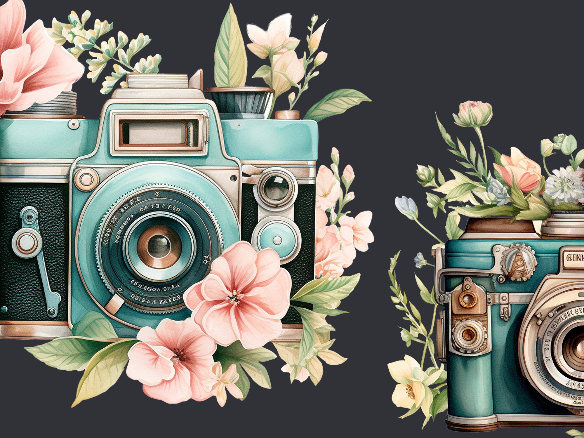 Vintage Camera Watercolor Clipart PNG Bundle. Floral Retro Cameras ...