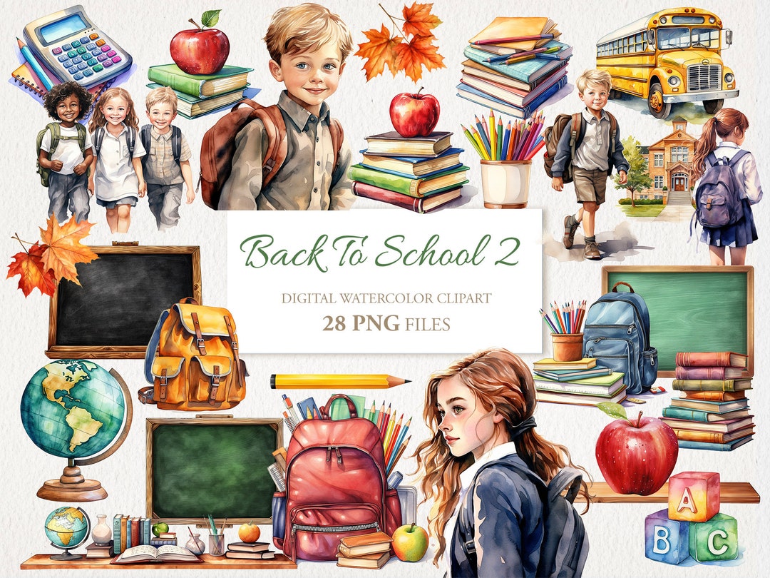 Back to School Watercolor Clipart PNG Bundle. AI Illustration. Instant ...