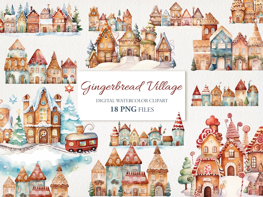 Gingerbread Village Magic Houses Christmas Winter Watercolor Clipart ...
