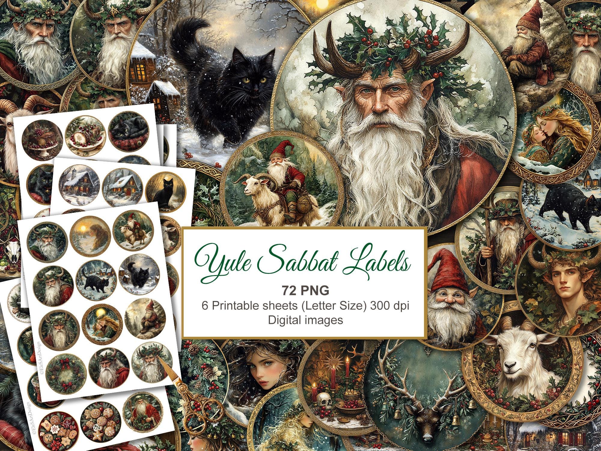 Yule Sabbat Wiccan Round Tags Labels Clipart. Wicca Magic. Winter ...