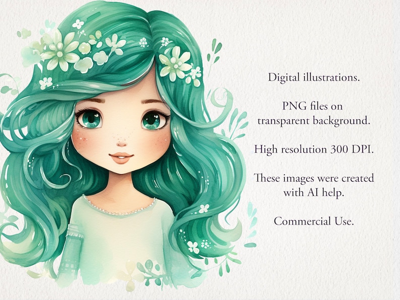 Cute Mermaid Watercolor Clipart PNG Bundle. Children Nursery Art. AI ...